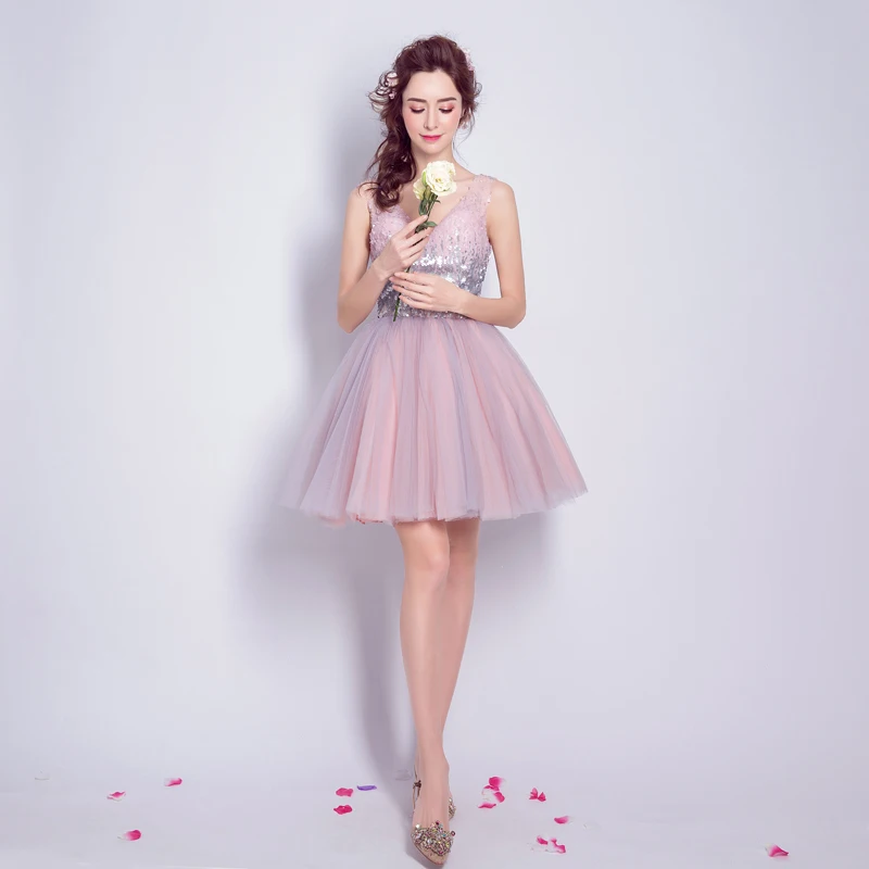 Gray Pink Contrast Sequined Short V-Neck Graduation Dress | Uniqistic.com