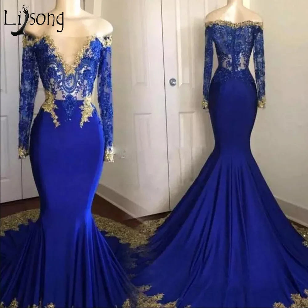 Elegant Royal Blue Mermaid Prom Dresses With Full Sleeves 2018 Sexy ...