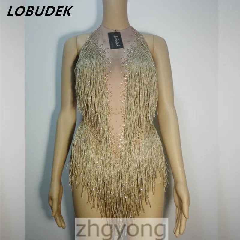 Gold Tassel Rhinestones Sexy Female Costume Crystals Singer Dancer