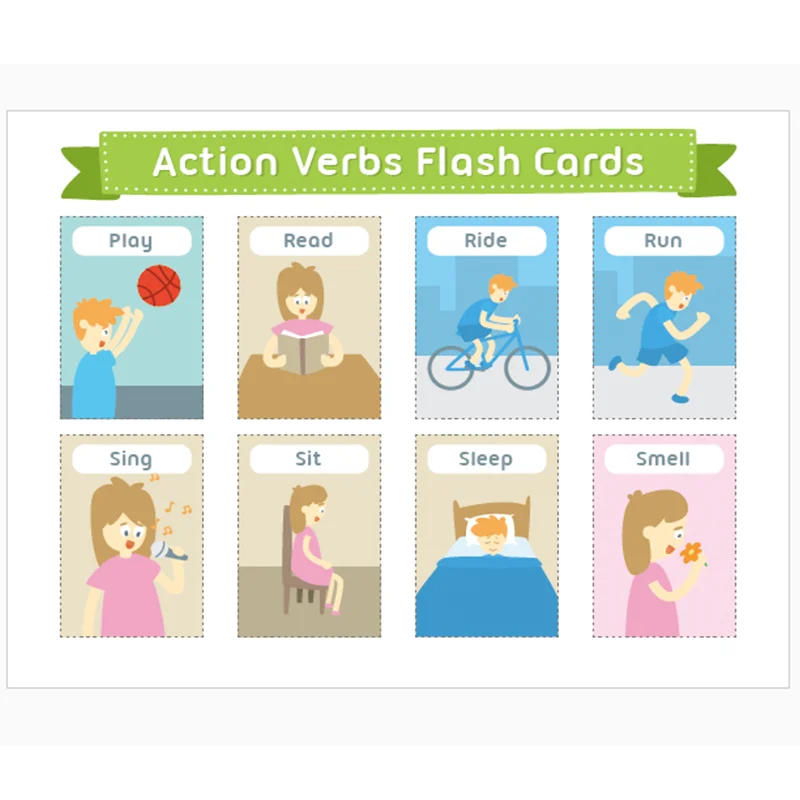 4Pcs/Set English Action Verbs Word Cards A4 Flash Card Preschool ...