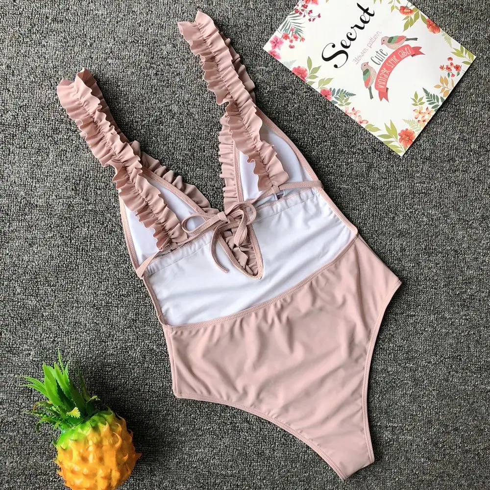 FREE SHIPPING Ruffle swimsuit one piece swimwear solid bandage maillot ...