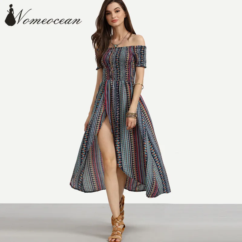 Multicolor Tribal Print Shirred Off The Shoulder Dress Low High Sweep