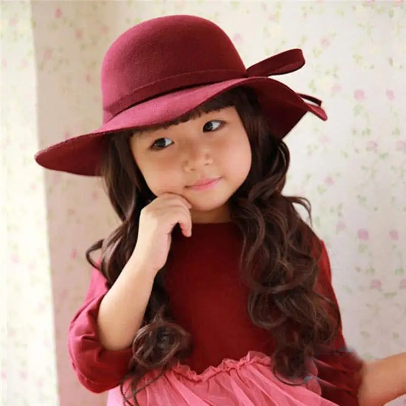 New Kids Girls Children Wide Brim Sun Hats Retro Wool Felt Bowler ...