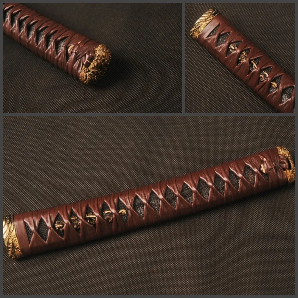 Straight Tsuka Brown Leatherette Ito & Genuine Black Rayskin & Brass ...