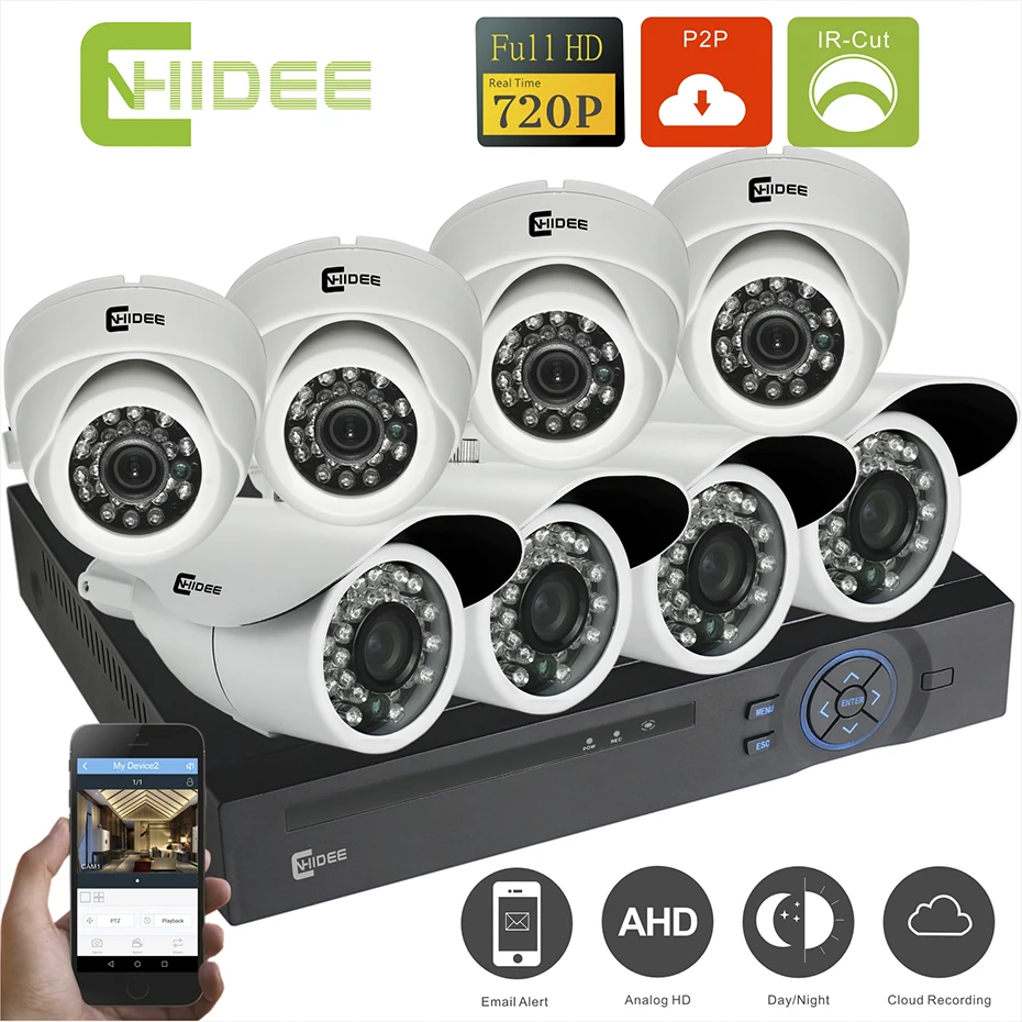 CNHIDEE AHD 8CH 1080N DVR Home CCTV kit Security Camera System 720P ...