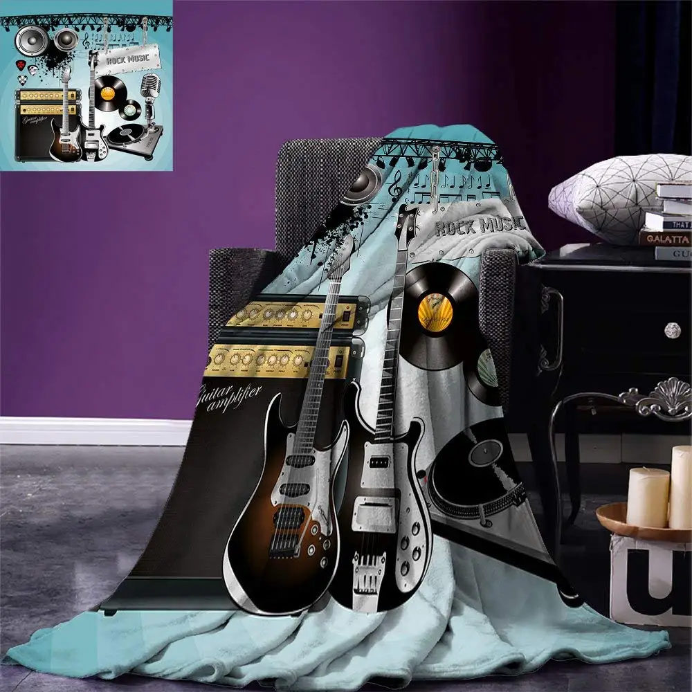 Rock Music Throw Blanket Concert Pattern Guitars and Records with Giant ...