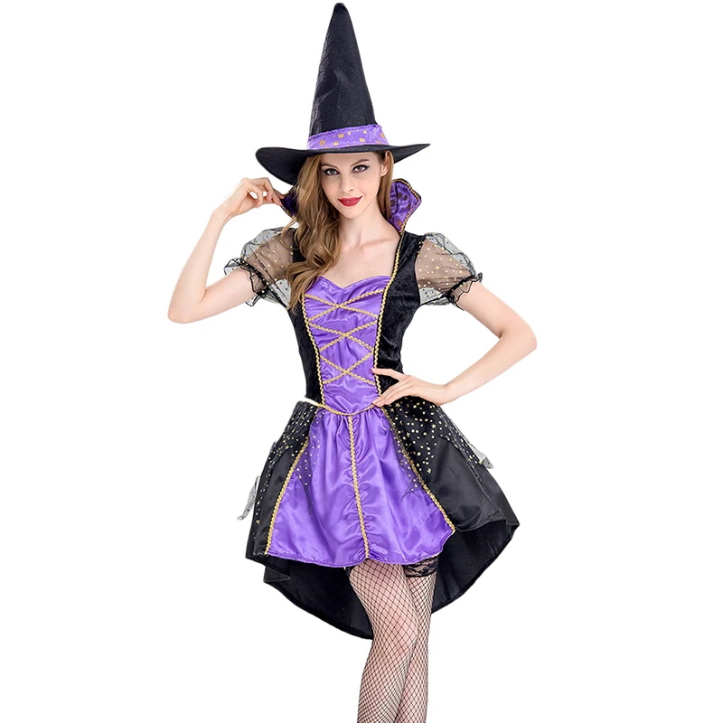 New Stylish Deluxe Purple Puff Sleeve Witch Costume Halloween Party