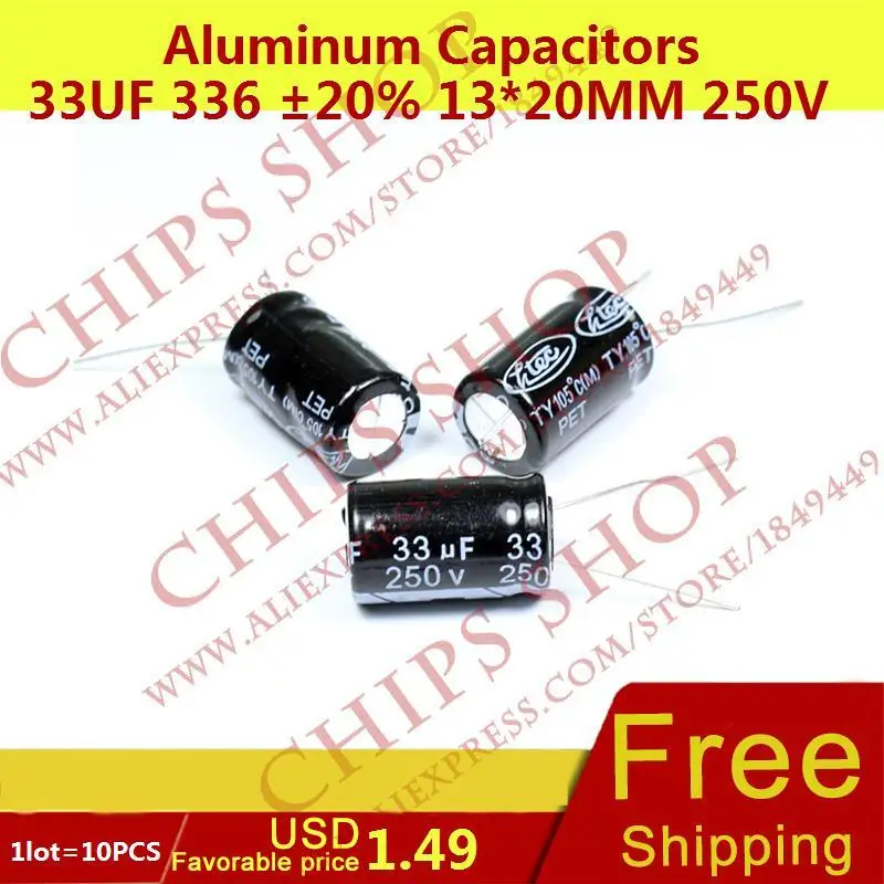 1LOT=10PCS Aluminum Capacitors 33uF 336 20% 13*20mm 250V 33000nF ...