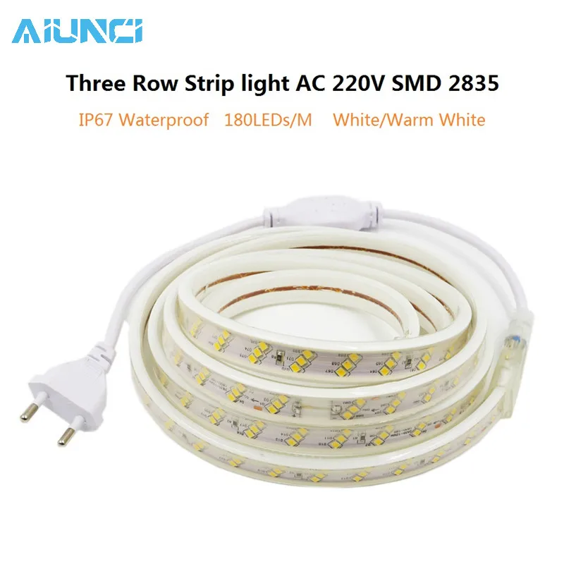 AC 220V 3 Row Strip light Led Strip 2835 180Leds/M IP67 Waterproof With ...