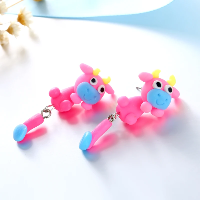 New Handmade Polymer Clay Soft Cute Pink Cow Earrings For Women Animal ...