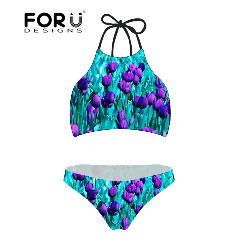 Forudesgins Vintage Floral Tulip Printing Womens Swimming Suit High