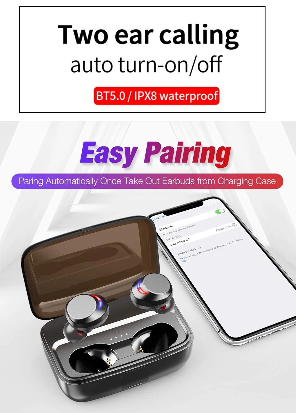 TWS C3 IPX8 водонепроницаемые Bluetooth 5,0 наушники сенсорные настоящие беспроводные наушники ...
