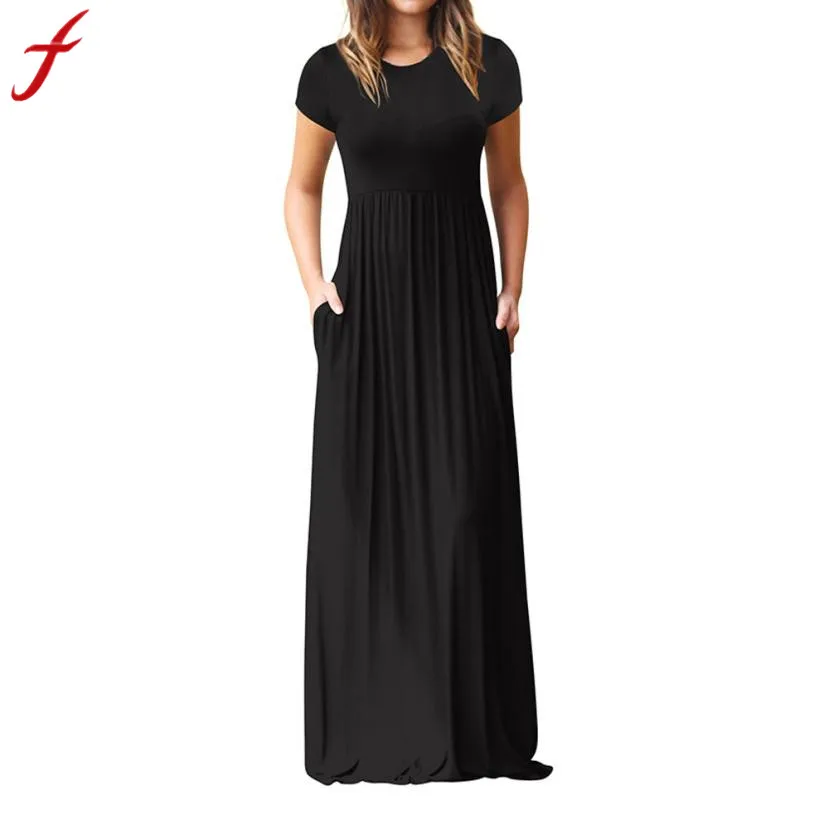 Feitong Women O Neck Casual Pockets Short Sleeve Floor Length Dress