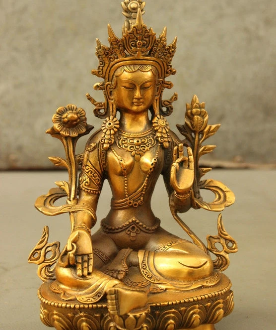 8 Bronze Gilt Green Tara Mahayana Buddhism Enlightenment Goddess Buddha Statue In Statues