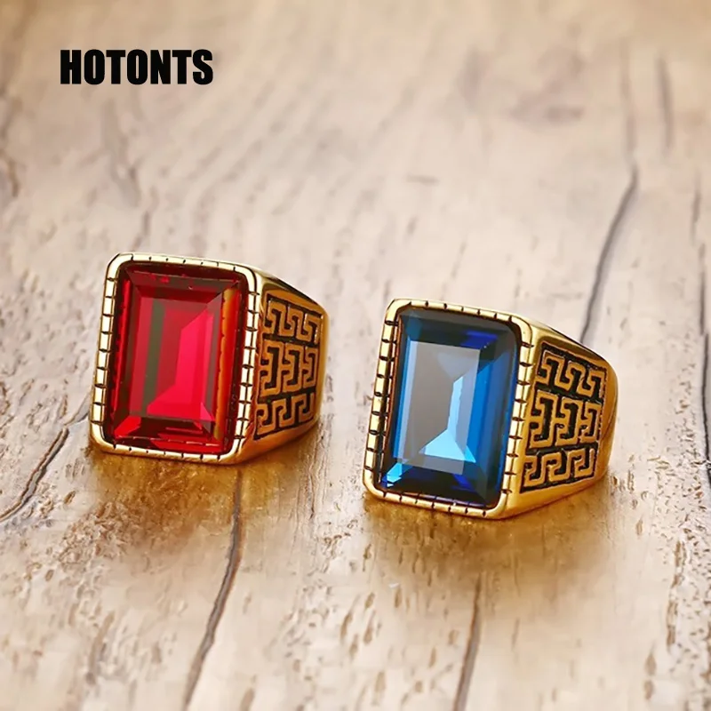 RC 299 High Quality Titanium Steel Greek key Couple Rings With Big Red ...