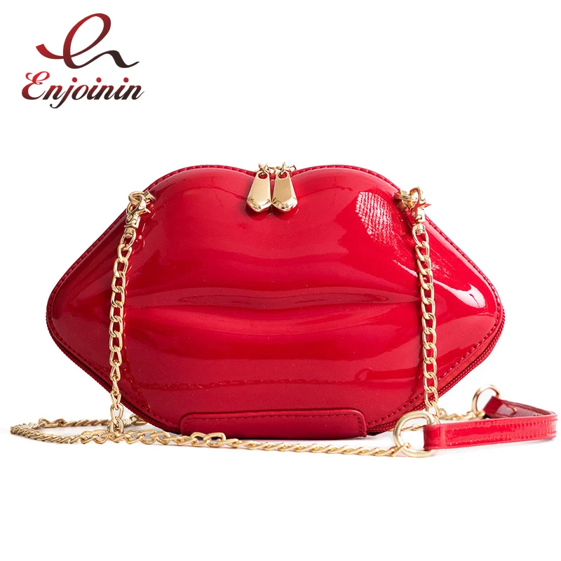 Patent Leather Fashion Sexy Red Lips Design Zipper Chain Pouch Shoulder ...