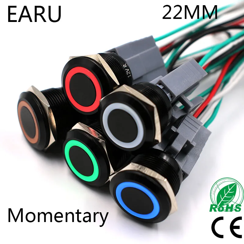 22mm 알루미나 블랙 바디 프레스 방수 금속 푸시 버튼 스위치 순간 재설정 LED 라이트 자동차 엔진 PC 전원 5V 12V ...