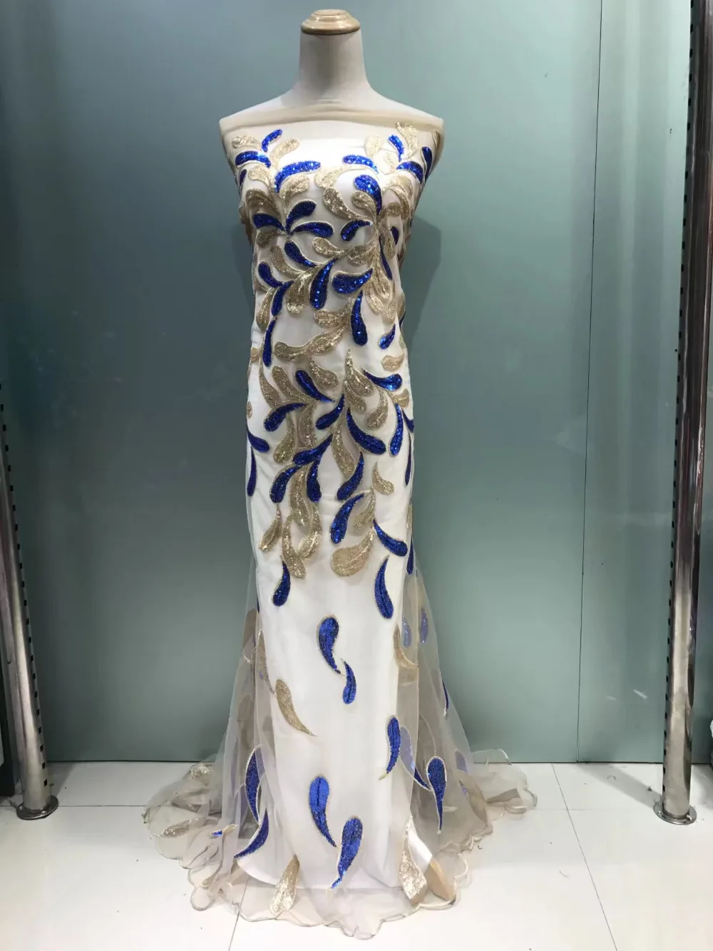 2018 Latest Gold And Blue Color Net Lace Sequins Fabric For Wedding ...