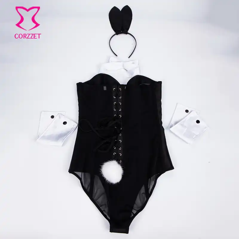 Black/White Sexy Bunny Costume Plus Size Rabbit Teddy Lingerie Bustier ...