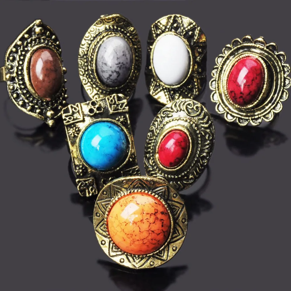 5pcs Mix Lots Big Natural Stone Rings Retro Bronze Carved Geometric ...
