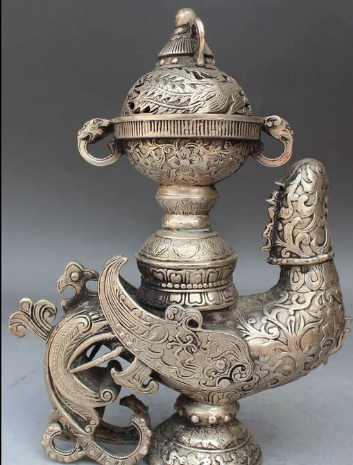 10" Chinese Dynasty Palace Silver Phoenix Zun Pot Statue incense burner ...