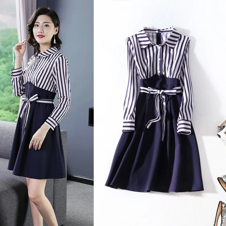 New Style Office Lady Clothes Long Sleeve Lace Up Bow A Line Dress High ...
