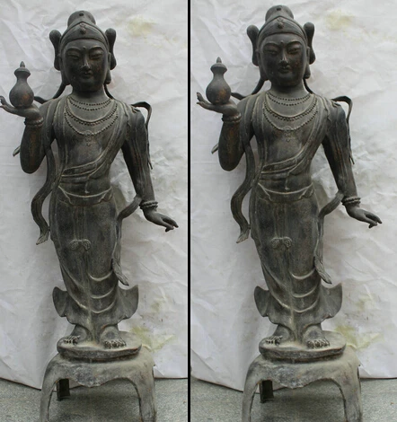JP S62 50" Old Chinese Bronze Stand Belle Girl lady Kwan yin Guan Yin ...