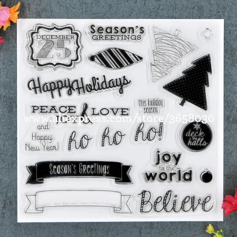 Season's GREETINGS Happy Holidays Scrapbook DIY photo cards rubber ...