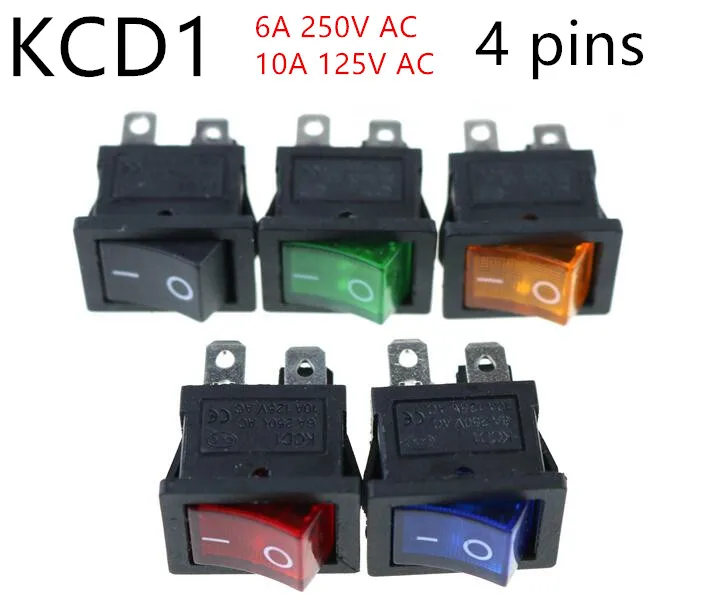 KCD1 On-Off 4Pin Rocker Switch 6A/10A 250V/125V AC Red Yellow Green ...