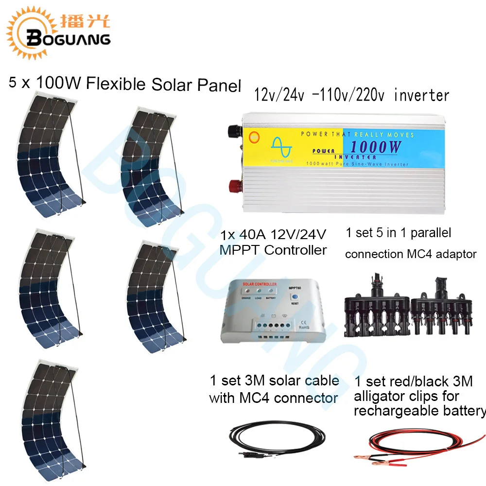 5 PCS 100w flexible solar panel 110v 220v 1000w inverter 12v/24v 40A ...