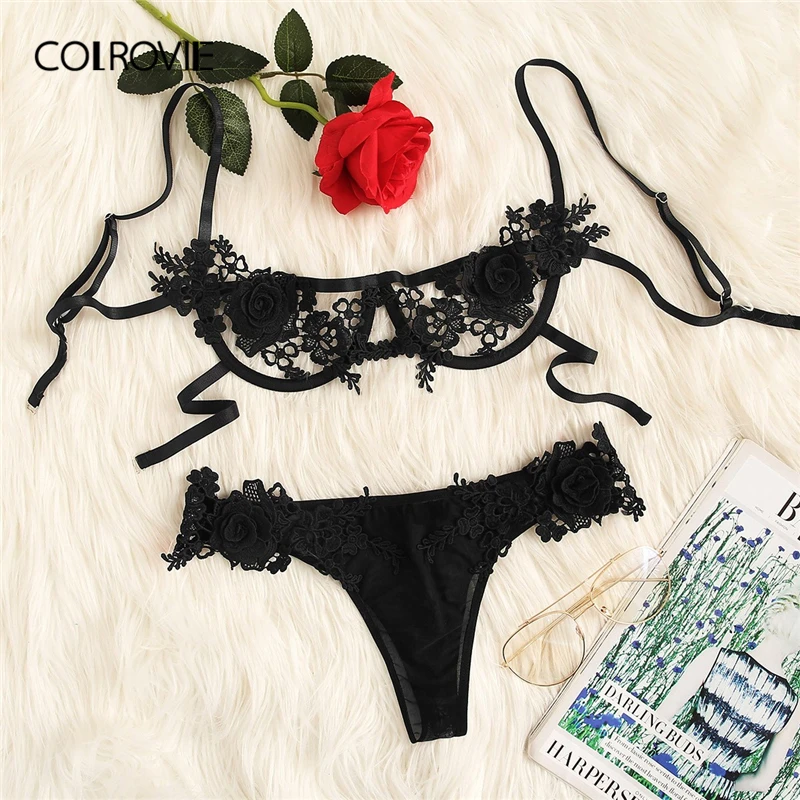 Colrovie Green Floral Harness Appliques Lace Sexy Lingerie Set Women