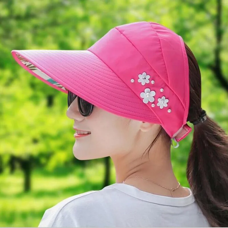 50pcs Lot Women Summer Sun Hats Pearl Packable Sun Visor Hat With Big