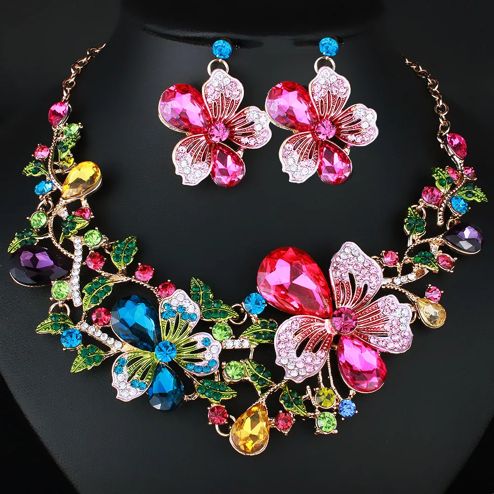 Multicolor Crystal Rhinestone Flower Necklace Earrings Set For Women ...