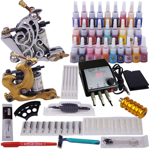 Professional body art 2pcs tattoo gun machine needles inks power supply ...
