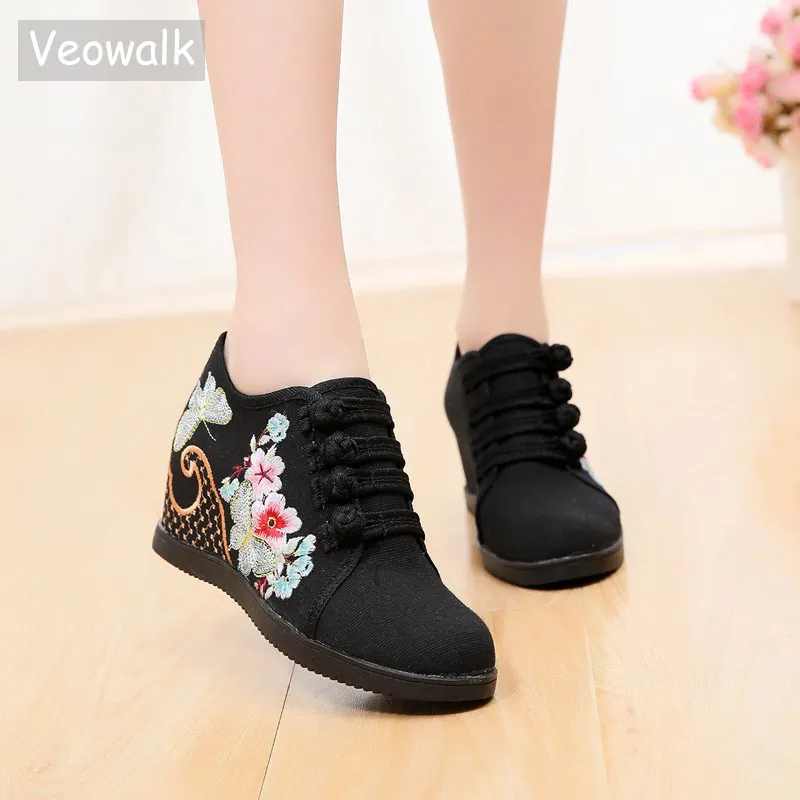 Veowalk-Hidden-Wedge-Women-Embroidered-Canvas-Sneakers-Low-Top-Denim ...