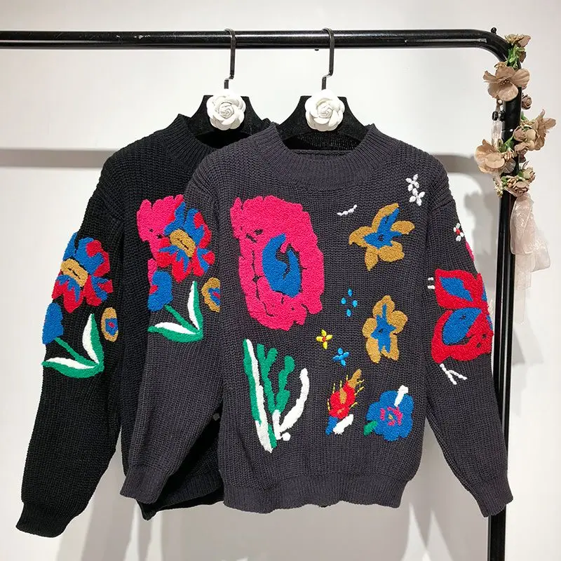 2018 Autumn Winter Sweater Fashion Streetwear 3d Flowers Embroidery