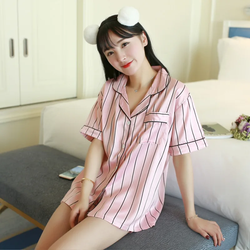 Summer Cool Satin Pyjamas Women Ice Silk Pajamas Set Fashion Striped ...