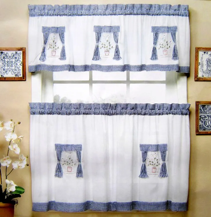 American style fabric embroidered kitchen curtain set semi shade ...