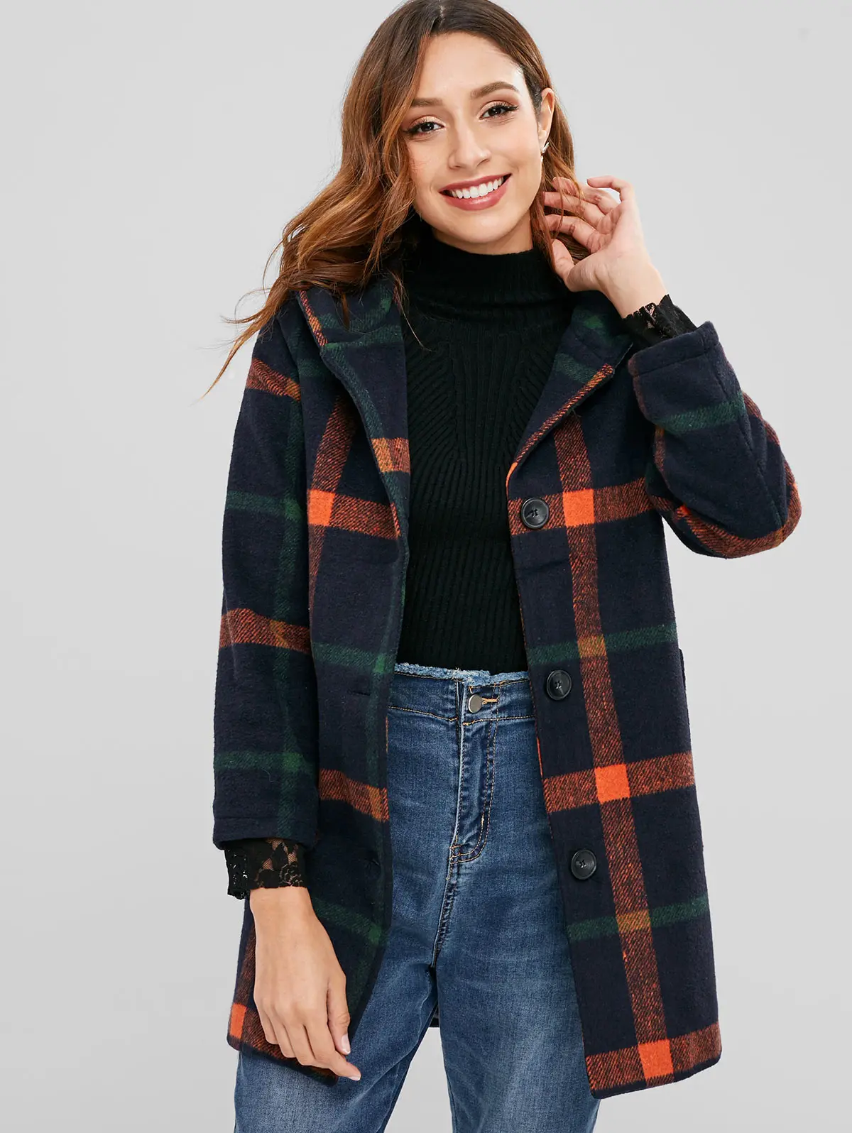 Azulina Pom Pom Hooded Plaid Faux Wool Coat Winter Overcoat Warm Outerwear Women Coat Long
