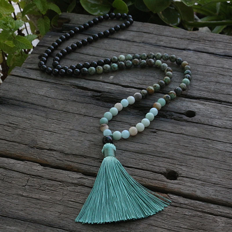 8mm African Turquoise And Onyx Mala Beads Necklace, Bring Confidence ...