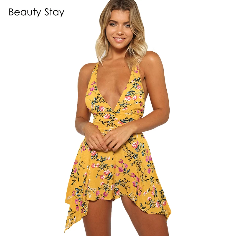 Beautystay Sexy Deep V Neck Backless Floral Print Playsuit Women Loose