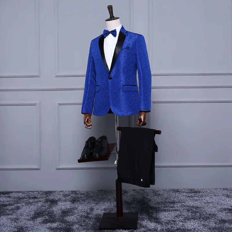 Men Suit Blue Jacquard Mens Classic Slim Fit Tuxedo Wedding Suits with ...