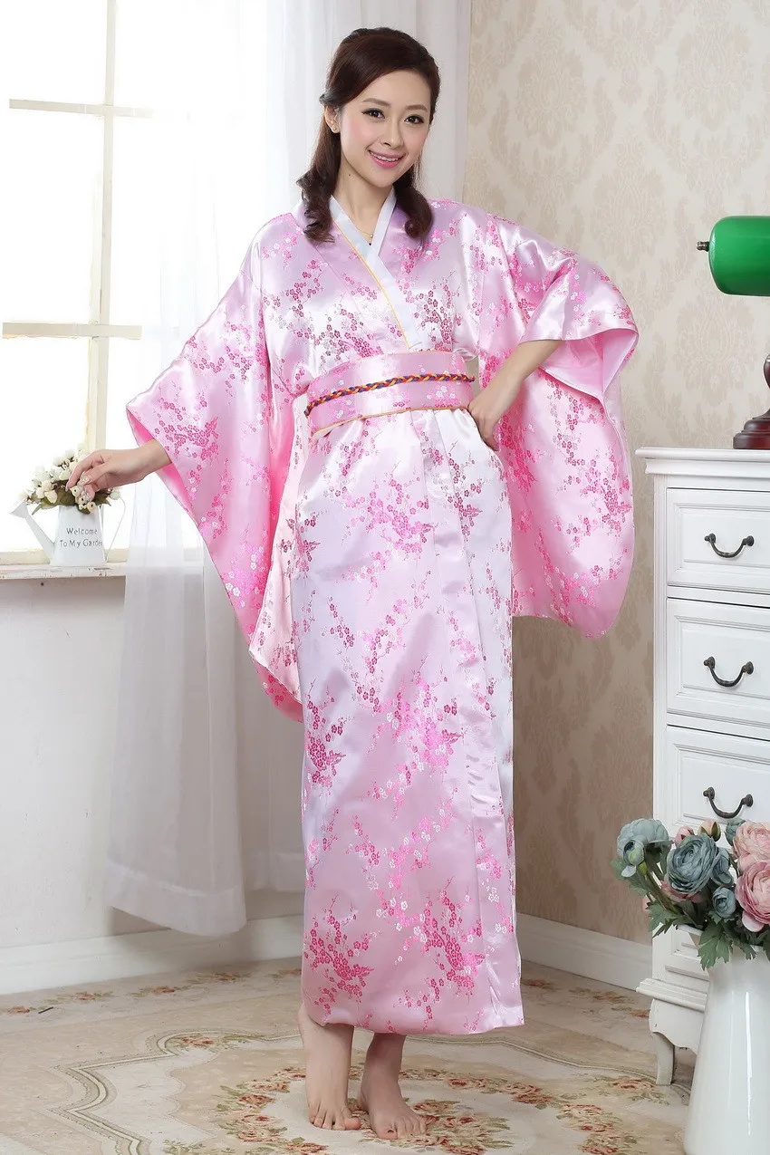 Nouveauté rose japonais femmes Kimono Yakata avec Obi traditionnel soie Satin robe de soirée ...
