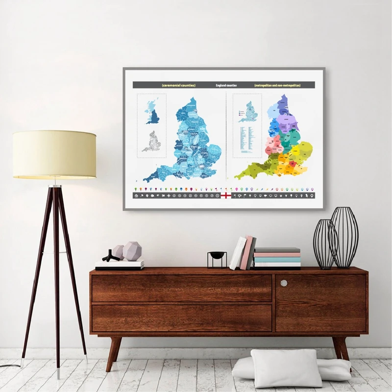 England Counties Map Canvas Poster Prints Ceremonial and Metropolitan ...