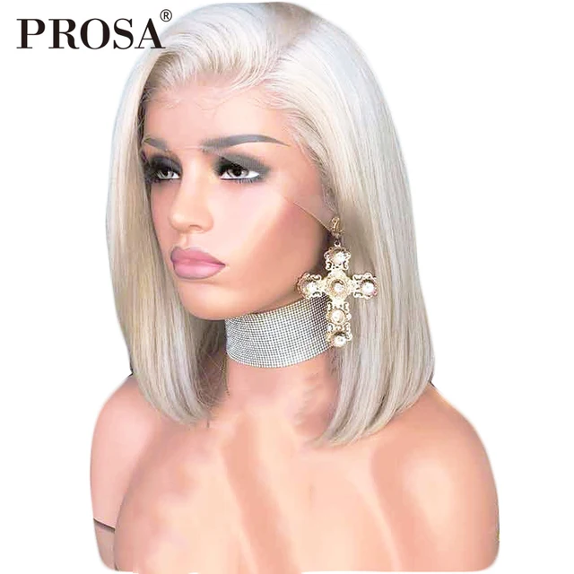 Short Silver Grey Lace Front Human Hair Wig Silky Straight Bob Wigs 150 Density Free Part Pre
