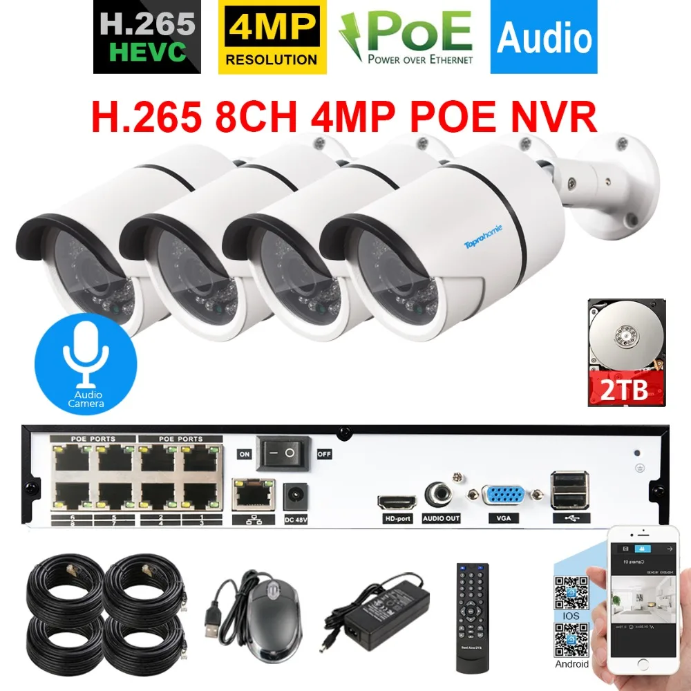 Audio H.265 8CH 4MP POE NVR CCTV System 4X4MP security outdoor Audio ...