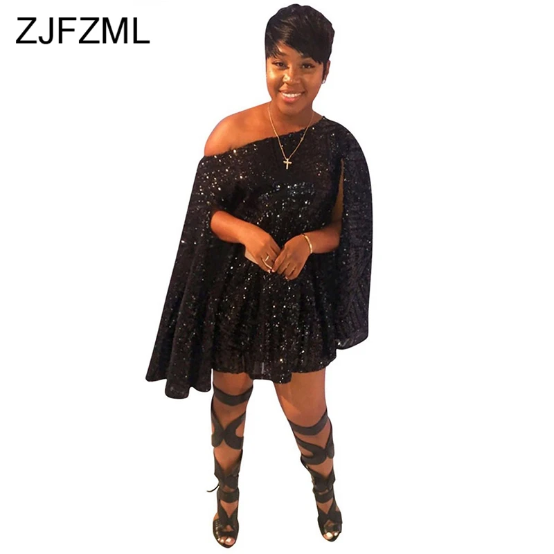 Extra Long Cloak Sleeve Sexy Dresses Women Fashion Shiny Sequins Slash