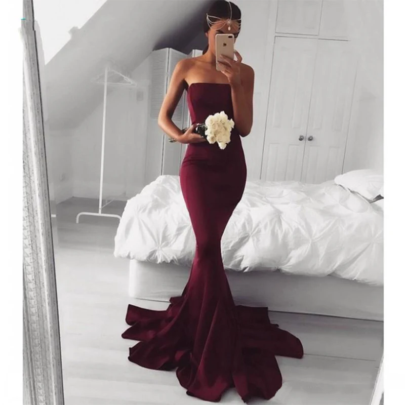Simple burgundy prom dresses for Graduation strapless maroon prom ...