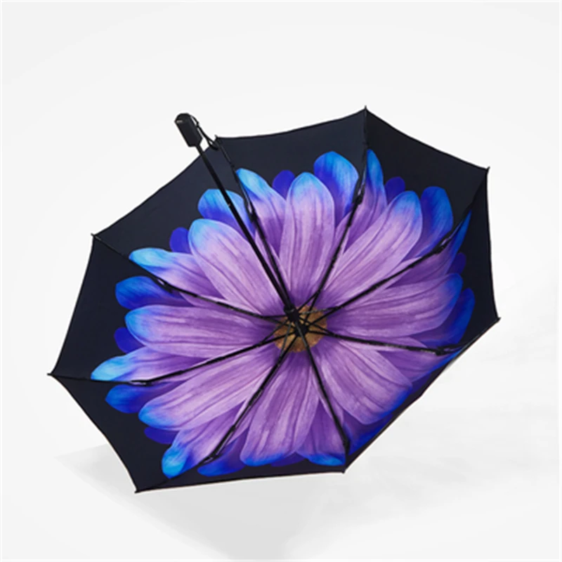 Flower Three Folding Umbrella Singer Layer Black Coating Parasol For ...