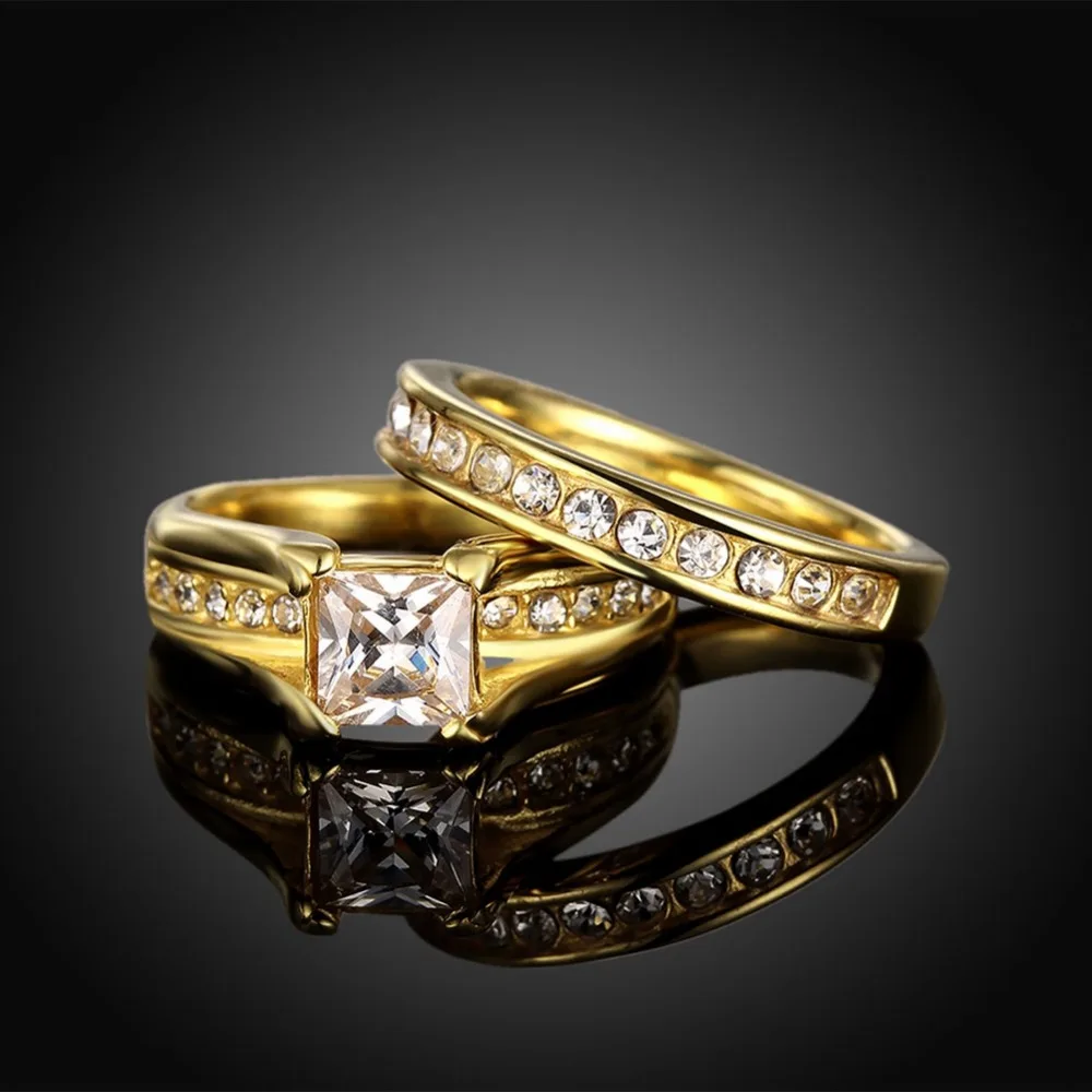 2pcs Classic 316l Stainless Steel Aaa Zircon Engagement Ring Set